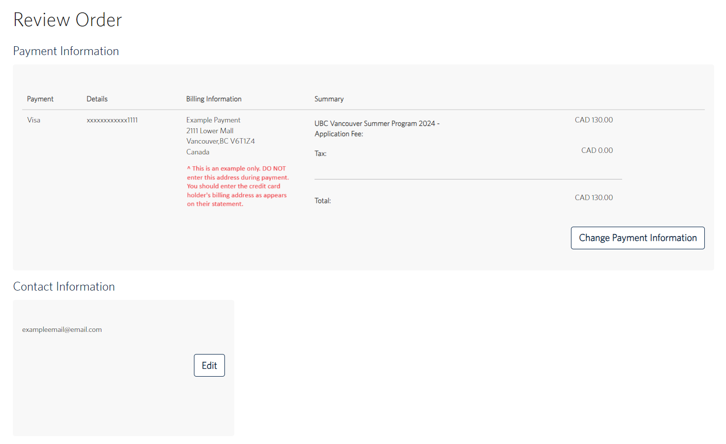 Payment – Vancouver Summer Program